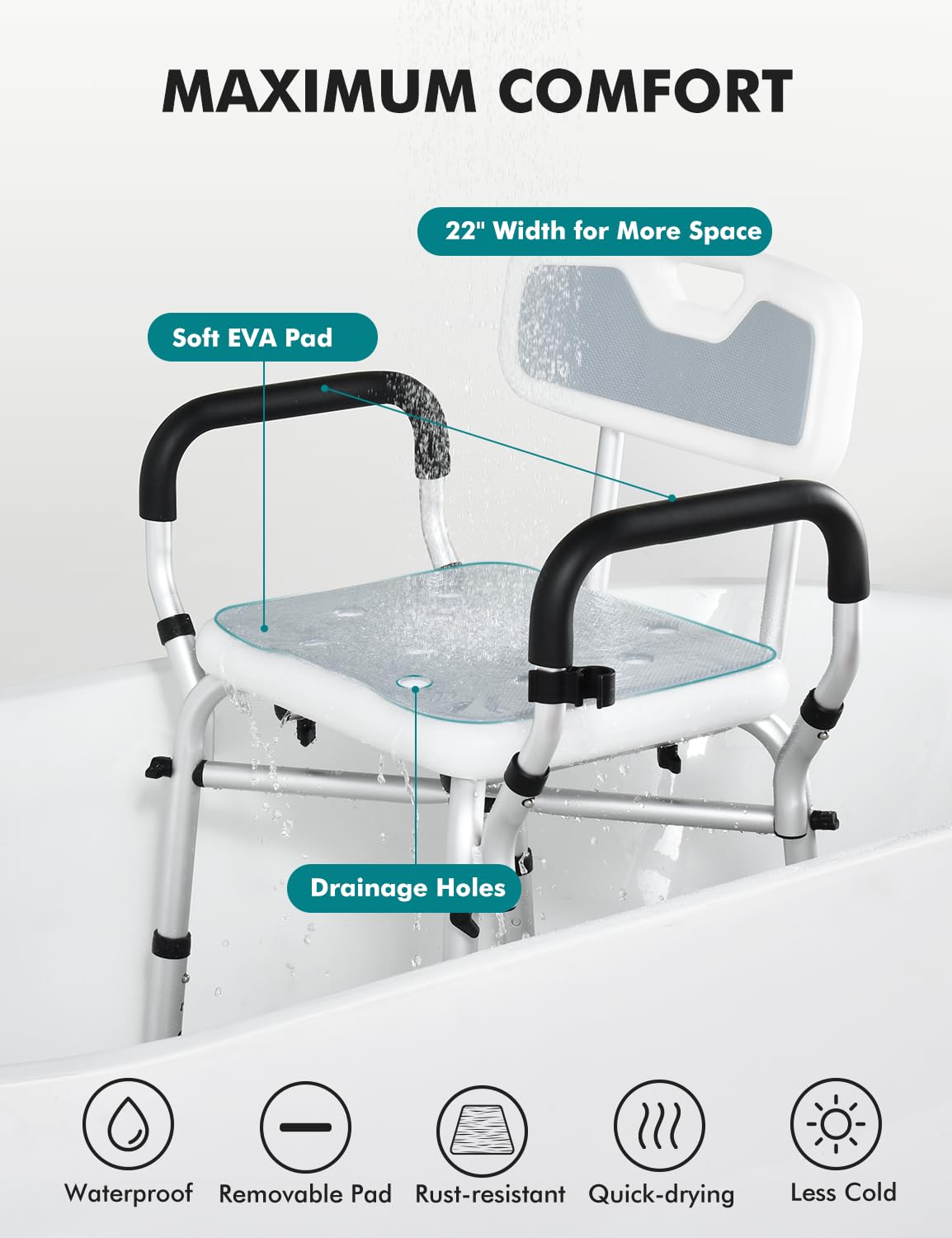 VFAUOSIT Shower Chair for Inside Shower, FSA/HSA Eligible 6-Height (550 lb) Shower Chair for Elderly and Disabled with Arms and Back, Shower Seats for Adults with Shower Bag, Bath Chairs for Seniors