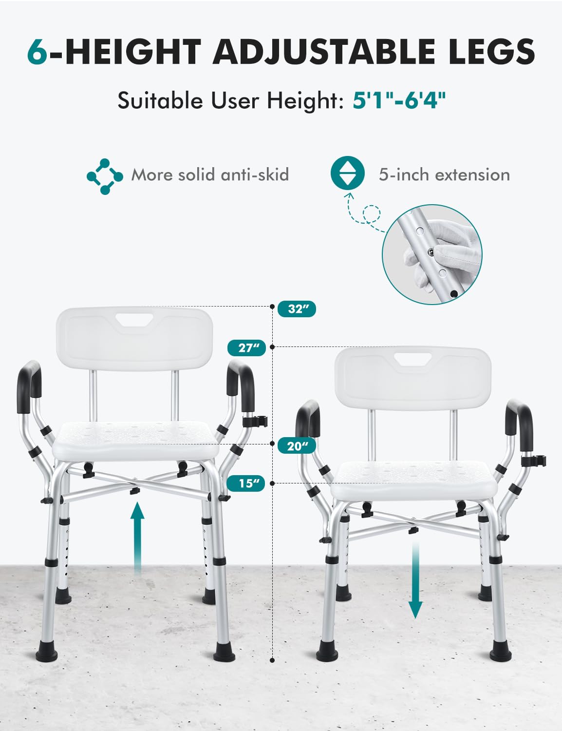 VFAUOSIT Shower Chair for Inside Shower, FSA/HSA Eligible 6-Height (550 lb) Shower Chair for Elderly and Disabled with Arms and Back, Shower Seats for Adults with Shower Bag, Bath Chairs for Seniors