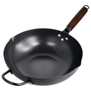 fnt carbon steel wok pan with double spouts, woks & stir-fry pans nonstick with wooden and steel helper handle 11.8 inches(flat bottom)