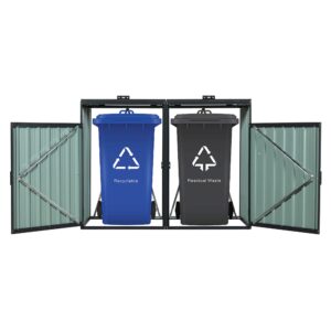 metal outdoor garbage bin storage shed, rpuzonier trash bin storage shed with doors and lifting lids, tool storage shed for garden yard lawn (for 2 cans)