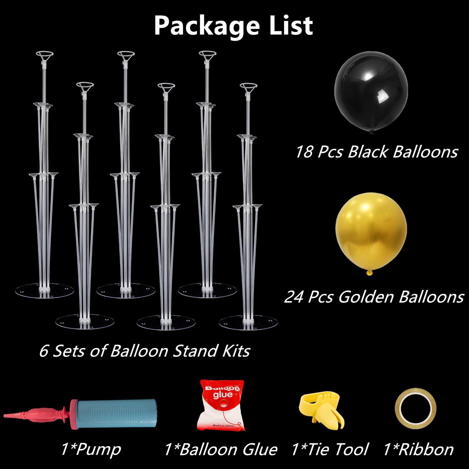 6 Sets Balloon Stand Kit Balloon Holder With Balloon and Base, Balloon Centerpieces for Tables, Black and Gold Party Decorations for Birthday Wedding Anniversary Father's Day New Year Graduation 2024