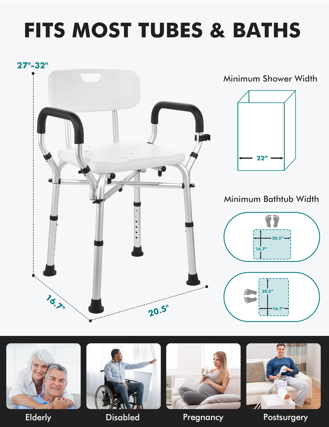 VFAUOSIT Shower Chair for Inside Shower, FSA/HSA Eligible 6-Height (550 lb) Shower Chair for Elderly and Disabled with Arms and Back, Shower Seats for Adults with Shower Bag, Bath Chairs for Seniors