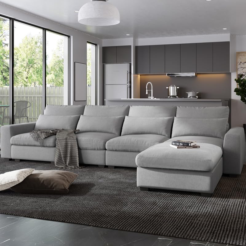 Nolohoo Oversized Sectional Sofa Couch for Living Room, 129.9" Modular Deep Cloud Couch, Fluffy L-Shaped Sofa with Lumbar Pillows, Comfy Upholstered Feather Filled Large Sofa(Light Grey, Linen)