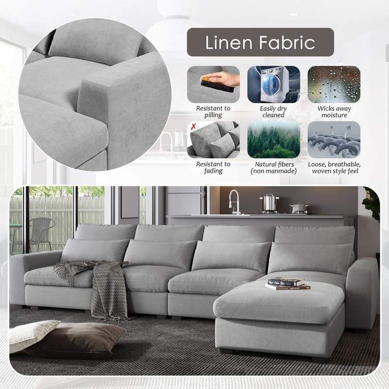 Nolohoo Oversized Sectional Sofa Couch for Living Room, 129.9" Modular Deep Cloud Couch, Fluffy L-Shaped Sofa with Lumbar Pillows, Comfy Upholstered Feather Filled Large Sofa(Light Grey, Linen)