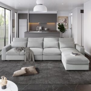 nolohoo oversized sectional sofa couch for living room, 129.9" modular deep cloud couch, fluffy l-shaped sofa with lumbar pillows, comfy upholstered feather filled large sofa(light grey, linen)