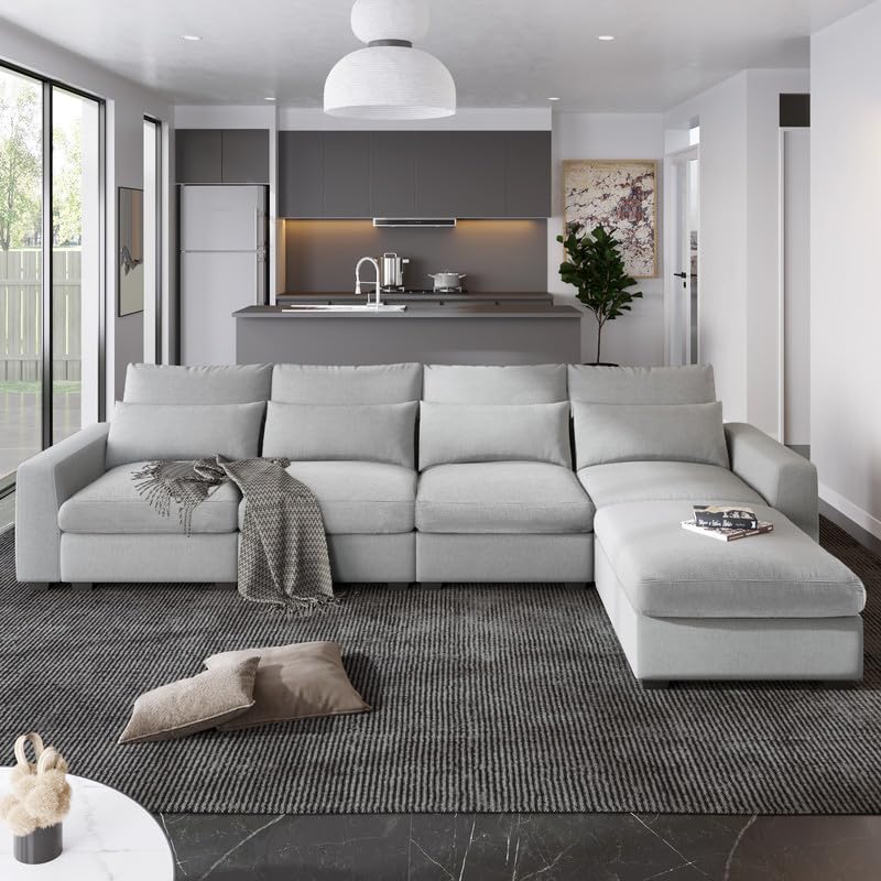 Nolohoo Oversized Sectional Sofa Couch for Living Room, 129.9" Modular Deep Cloud Couch, Fluffy L-Shaped Sofa with Lumbar Pillows, Comfy Upholstered Feather Filled Large Sofa(Light Grey, Linen)