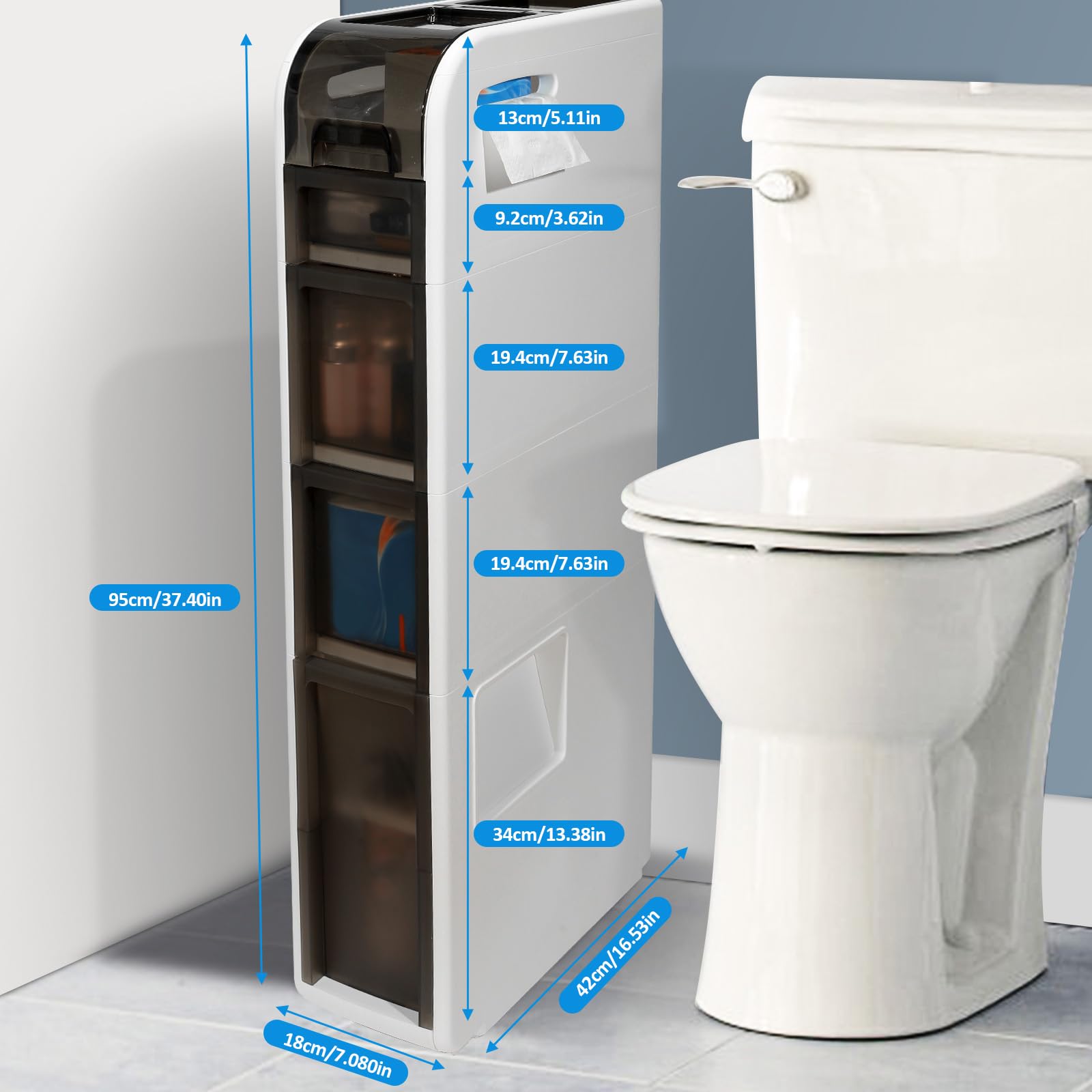 Slim Bathroom Storage Cabinet, Waterproof Narrow Bathroom Floor Cabinet, with Trash Can and Movable Bathroom Storage Cabinet, Suitable for Bathrooms,Toilet Paper Storage, Kitchens, and Living Rooms