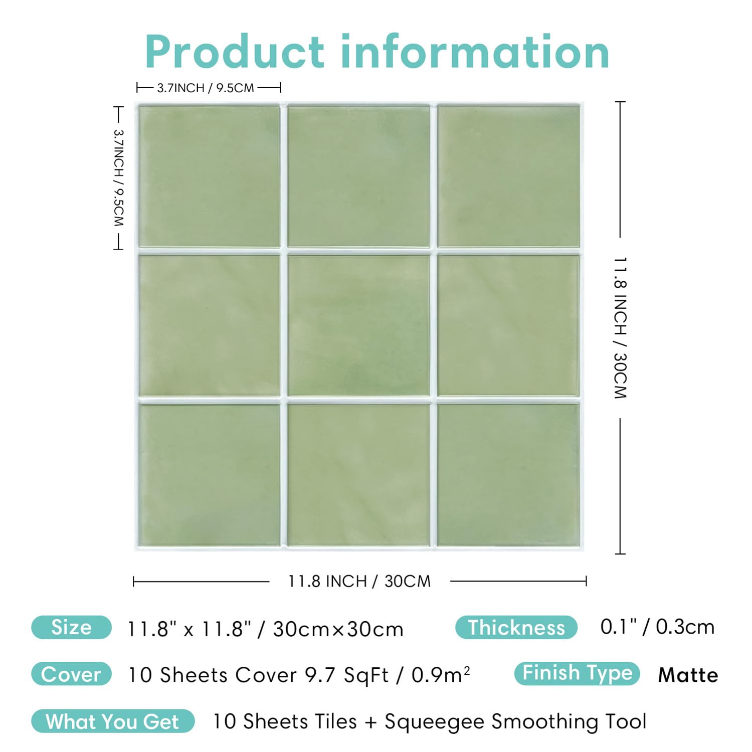 Commomy 10 Pcs Matte Sage Green Peel and Stick Wall Tile,11.8"X11.8" Ultralight PVC Wall Panels 3D Square Peel and Stick Backsplash for Kitchen,Bedroom,Living Room,Bathroom,RV