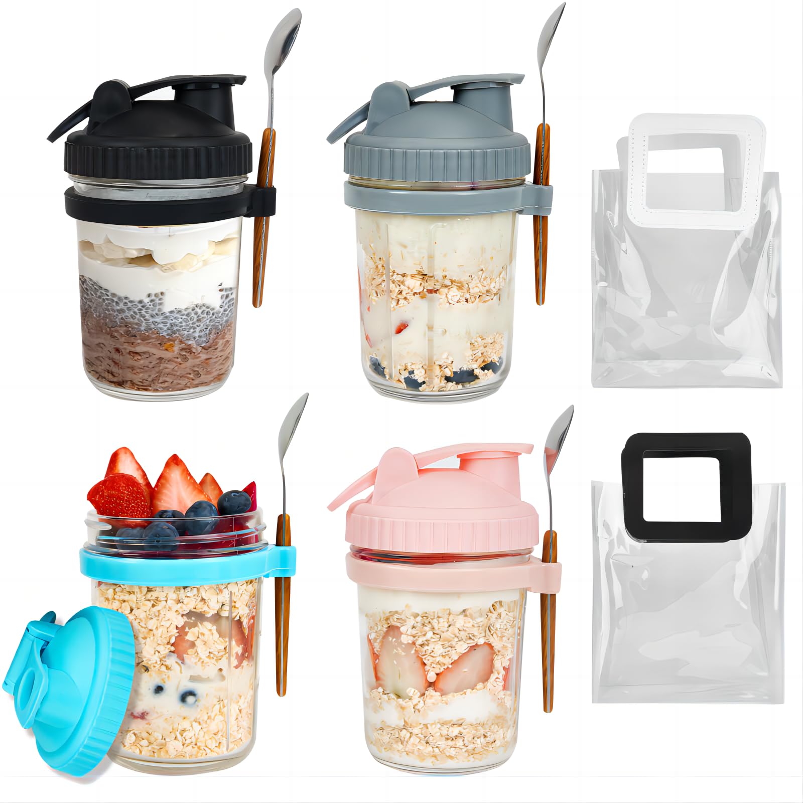 Cobeda Overnight Oats Containers with Lids and Spoons and Clear Tote Bag, 4 Pack Glass Mason Jars for Overnight Oats Jars, 16 oz Wide Mouth Mason Jars for Overnight Oats and Milk, Cereal, Fruit