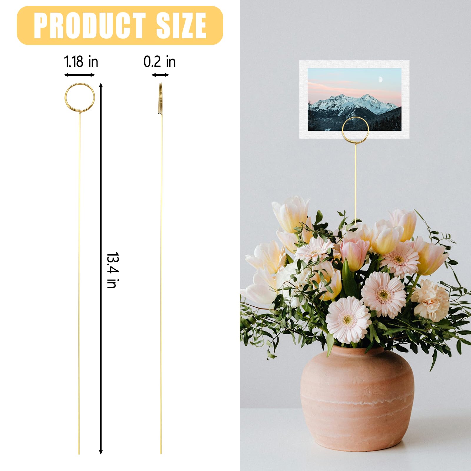 DSYIL 60 PCS Floral Picks Bulk, Metal Floral Place Card Holder, Round Photo Card Holder for Centerpieces, Flower Picks Clip for Gift Card and Party Favor, 13.4 Inches