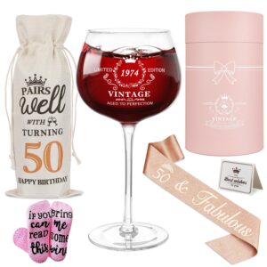 50th birthday gifts for women, vintage 1974 wine glass birthday gifts for 50 years old women, 50th birthday decorations for women, best 50 birthday gifts idea for her mom wife friend sister turning 50