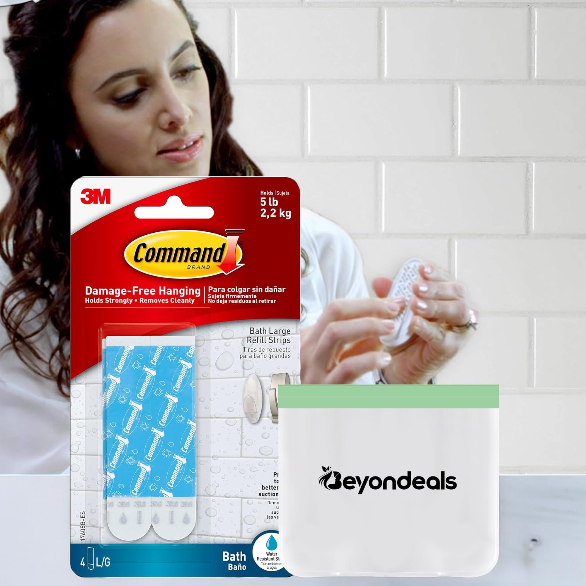 Beyondeals Large Refill Adhesive Strips, 4 ct - Water-Resistant Towel Hooks for Bathrooms Adhesive Strips Bundle Reusable Food Storage Bag - Heavy Duty Towel Hooks Adhesives ~ [Pack of 3]