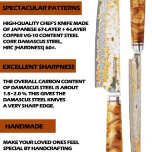 YOUSUNLONG Tanto Kitchen Knife - 8 Inch Japanese Handmade Chef Knife - Razor Sharp Copper Damascus Steel Blade - Cleaver Carving Knife - Naturel Burl Wooden Handle with Leather