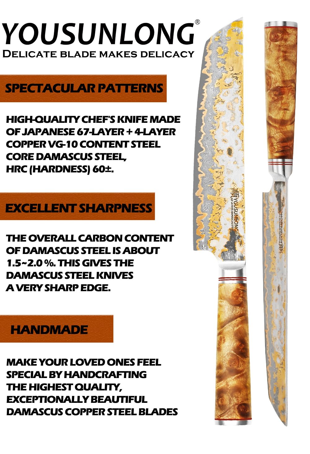 YOUSUNLONG Tanto Kitchen Knife - 8 Inch Japanese Handmade Chef Knife - Razor Sharp Copper Damascus Steel Blade - Cleaver Carving Knife - Naturel Burl Wooden Handle with Leather