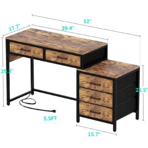 Unikito Computer Desk with 5 Drawers, Reversible Home Office Desk with Power Outlets, Sturdy Writing Desk with File Cabinet and Printer Stand, Vanity Desk with Storage for Small Space, Rustic Brown