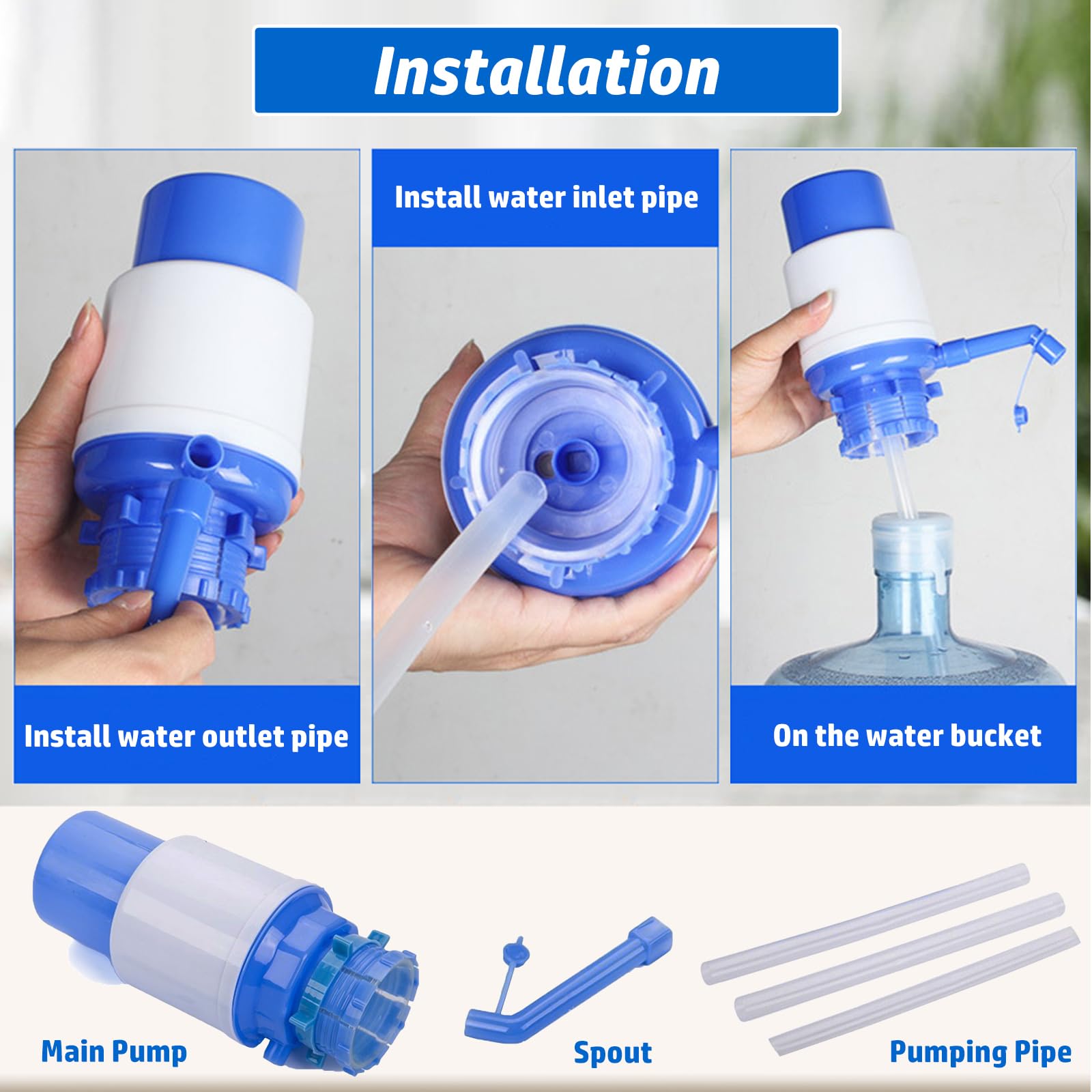 Blue Portable Manual Water Pump for 5 Gallon Bottle, Water Jug Dispenser Bottle Pump Drinking Water Pump with an Extra Short Tube and Cap, Hand Press Water Cooler Dispenser for 2-6 Gallon