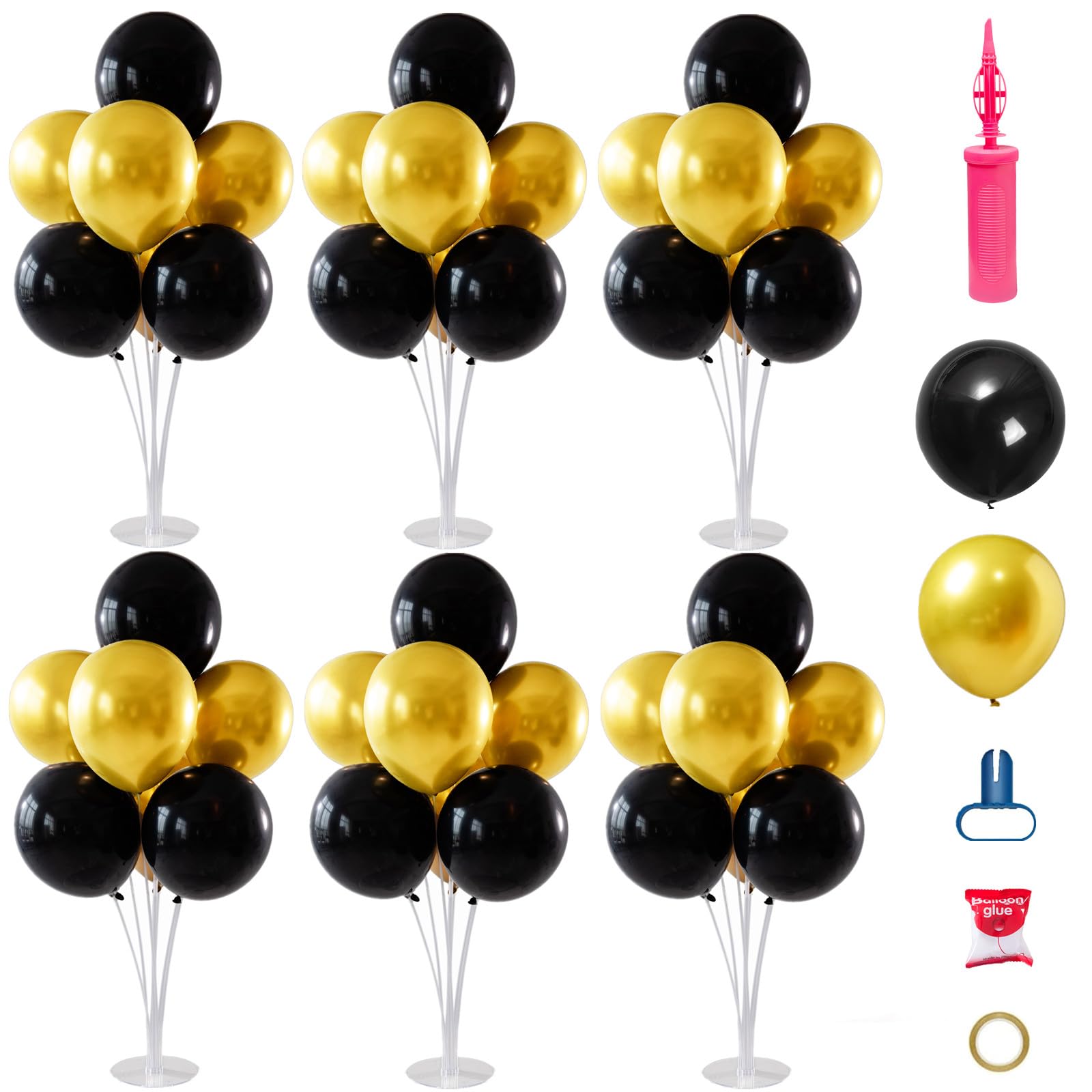 6 Sets Balloon Stand Kit Balloon Holder With Balloon and Base, Balloon Centerpieces for Tables, Black and Gold Party Decorations for Birthday Wedding Anniversary Father's Day New Year Graduation 2024