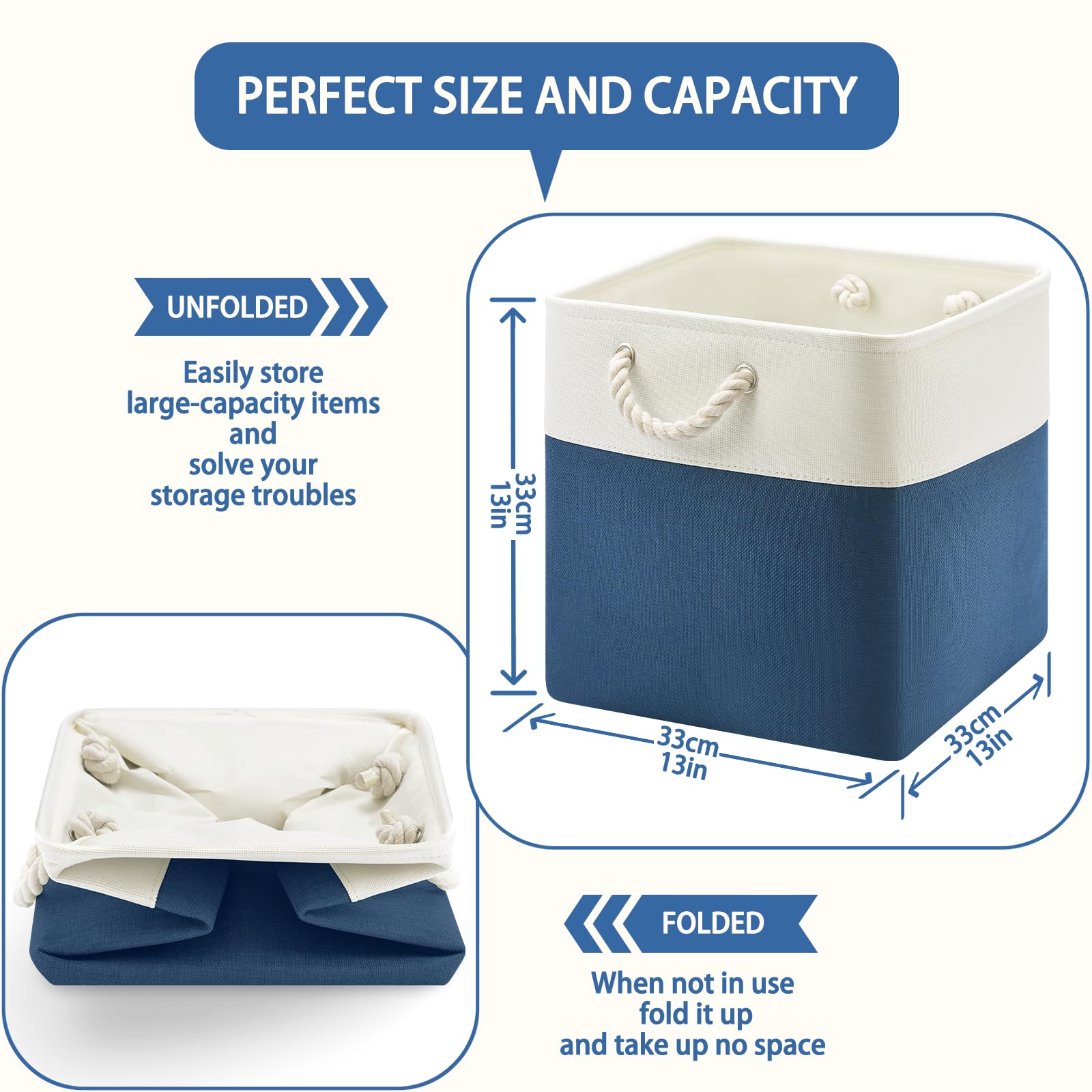 Patvingot 13x13x13 Storage Cube Bins,Set of 4, Large Foldable Fabric Storage Cubes with Handles for Organizing Home, Closet, Clothes, Toy, Book, Office(White&Blue)