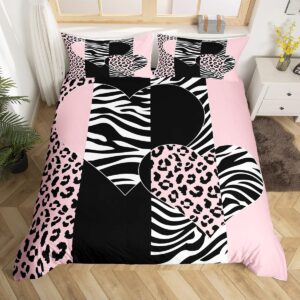 leopard print duvet cover set queen size,zebra skin texture bedding set 3pcs,kids girls teens room decor,striped fashion comforter cover,pink black white love printed bedspreads cover,2 pillowcases