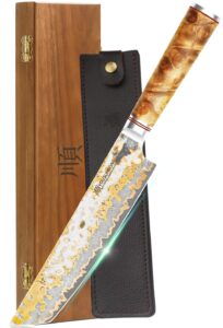 yousunlong tanto kitchen knife - 8 inch japanese handmade chef knife - razor sharp copper damascus steel blade - cleaver carving knife - naturel burl wooden handle with leather