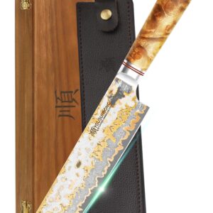 YOUSUNLONG Tanto Kitchen Knife - 8 Inch Japanese Handmade Chef Knife - Razor Sharp Copper Damascus Steel Blade - Cleaver Carving Knife - Naturel Burl Wooden Handle with Leather