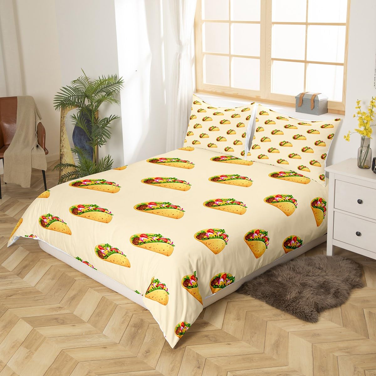 Erosebridal Taco Bedding Set Mexican Fast Food Comforter Cover Twin Mexican Party Decorations Duvet Cover, Delicious Food Cartoon Style Bedspread Cover with 1 Pillow Case, Zipper Closure