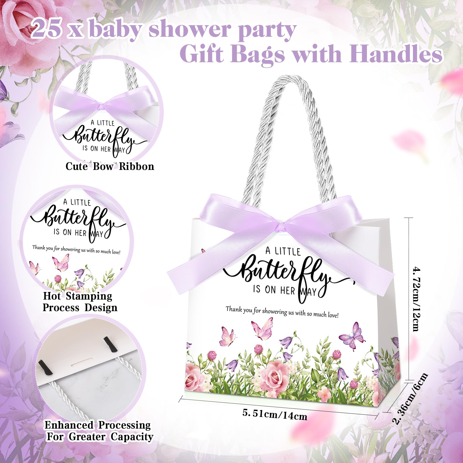 Spakon 25 Pack Butterfly Baby Shower Party Favors Butterfly Gift Bags Butterfly Goodie Bags Butterfly Party Bags with Handles and Bow Ribbon Baby Shower Party Gift Bag for Baby Shower Return Gift