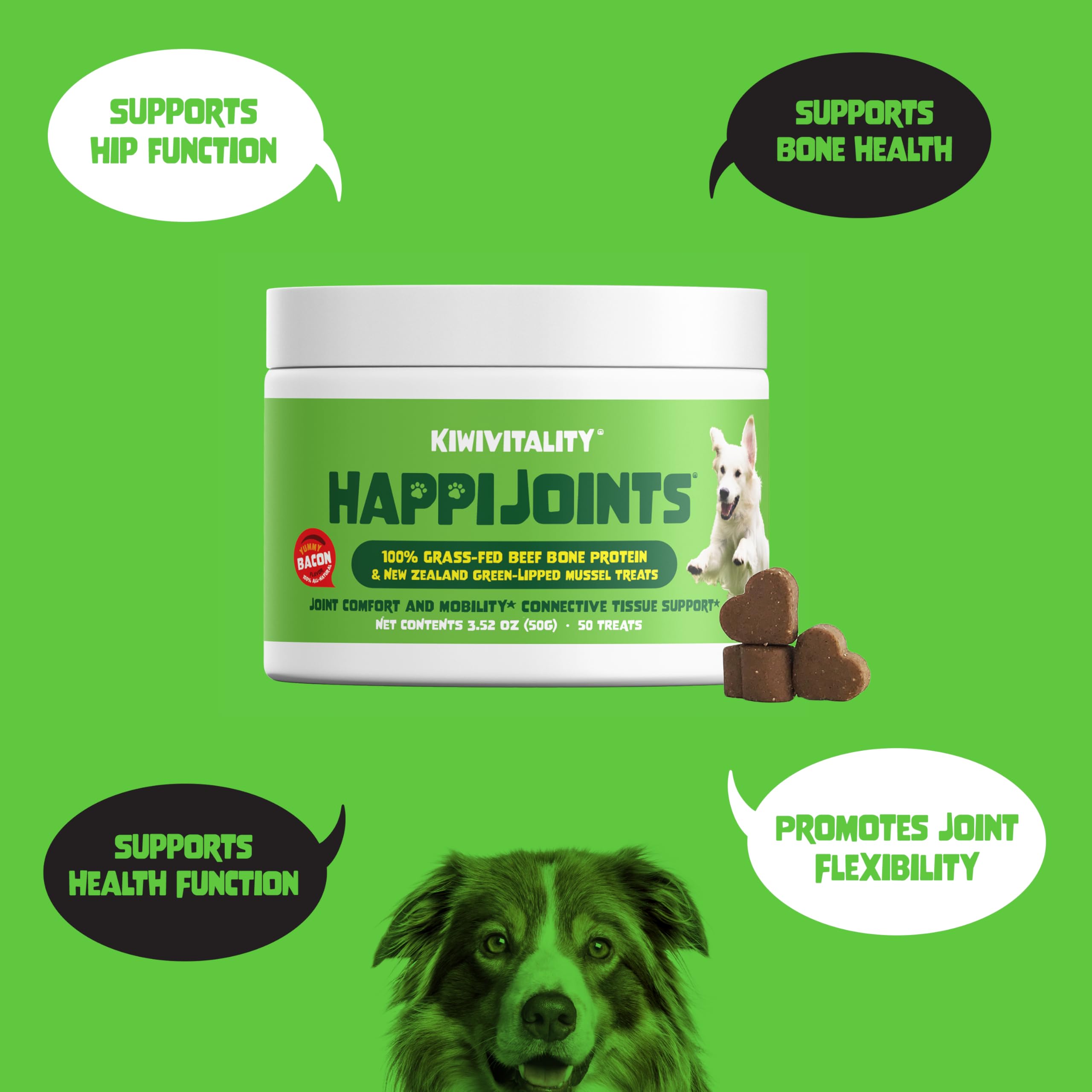 KiwiVitality HappiJoints Hip and Joint Supplement Treats for Dogs, Cats • 100% Grass-Fed Beef Bone Collagen New Zealand Green-Lipped Mussels • 100 Treats