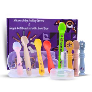 silicone baby spoons - set baby spoons self feeding – 8pcs food grade infant spoons baby eating supplies with finger toothbrush, travel case – cute and colorful silicone baby spoon for boys and girls