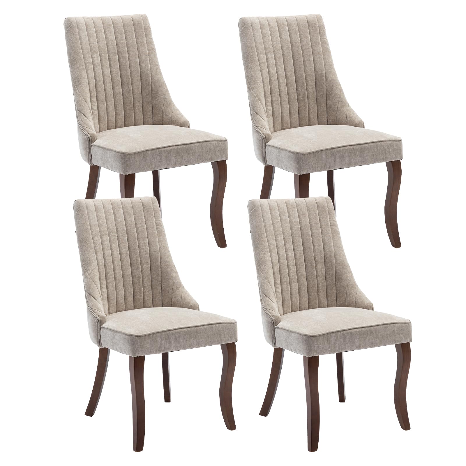 MZDOO Dining Chairs Set of 4，Linen Channel Tufted Kitchen Dining Room Chair with Curved Solid Wood Legs, Comfortable Fabric Upholstered Dining Chair for Dining Room, (Rustic Beige, 4pc)