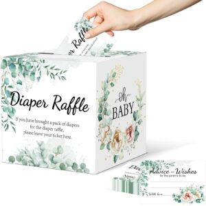 50 pcs greenery diaper raffle card box for baby shower, diaper raffle tickets with advice and wishes for the parents-to-be, baby shower card box party decorations, party favors decorations supplies