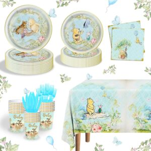 cailess blue winnie bear baby shower decorations, 156pcs classic the pooh bear baby shower party supplies included plates cups napkins cutlery tablecloth set serves 25 guests for newborn boy birthday