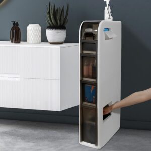 Slim Bathroom Storage Cabinet, Waterproof Narrow Bathroom Floor Cabinet, with Trash Can and Movable Bathroom Storage Cabinet, Suitable for Bathrooms,Toilet Paper Storage, Kitchens, and Living Rooms