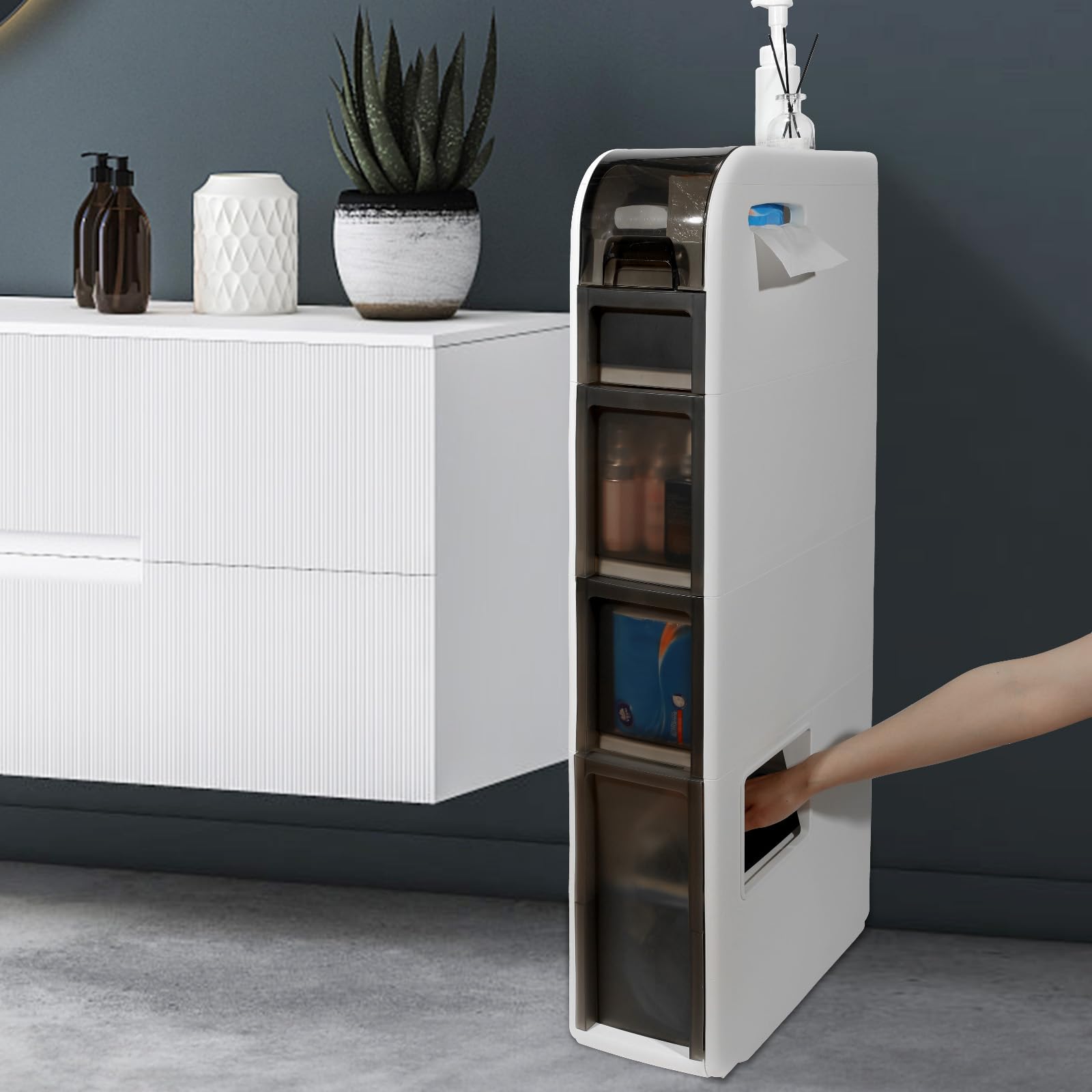 Slim Bathroom Storage Cabinet, Waterproof Narrow Bathroom Floor Cabinet, with Trash Can and Movable Bathroom Storage Cabinet, Suitable for Bathrooms,Toilet Paper Storage, Kitchens, and Living Rooms