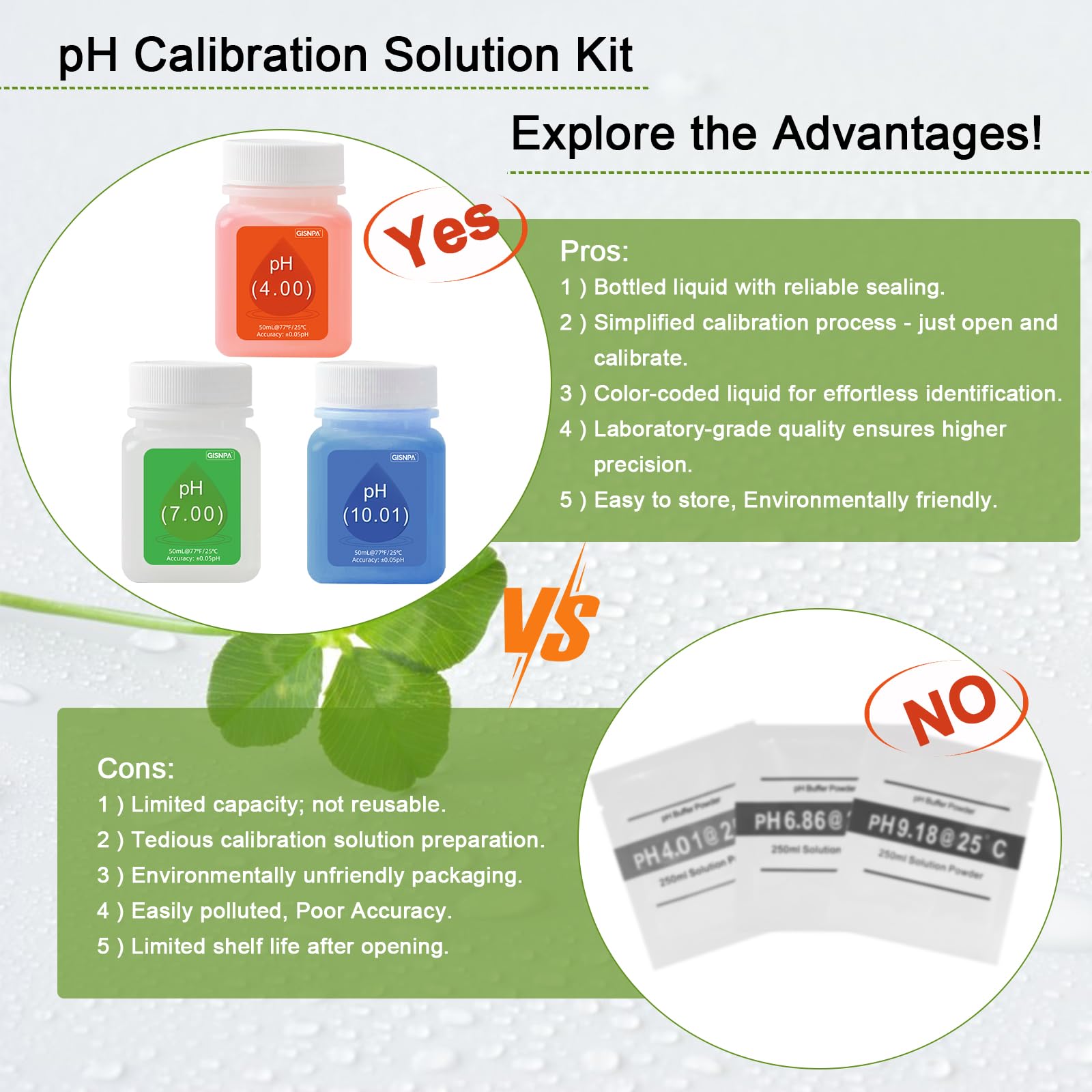 pH Meter Calibration Solution Kit (pH 4.00, 7.00 & 10.01), 3 Bottles 50ml pH Calibration Buffer Solution and 30 ml KCL pH Protective Solution for All pH Meters