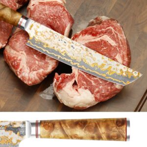 YOUSUNLONG Tanto Kitchen Knife - 8 Inch Japanese Handmade Chef Knife - Razor Sharp Copper Damascus Steel Blade - Cleaver Carving Knife - Naturel Burl Wooden Handle with Leather