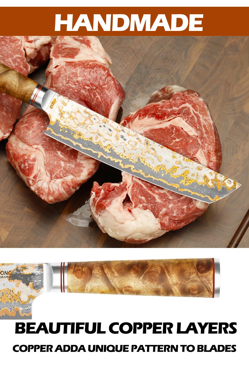 YOUSUNLONG Tanto Kitchen Knife - 8 Inch Japanese Handmade Chef Knife - Razor Sharp Copper Damascus Steel Blade - Cleaver Carving Knife - Naturel Burl Wooden Handle with Leather