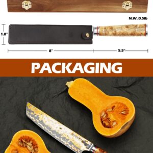 YOUSUNLONG Tanto Kitchen Knife - 8 Inch Japanese Handmade Chef Knife - Razor Sharp Copper Damascus Steel Blade - Cleaver Carving Knife - Naturel Burl Wooden Handle with Leather