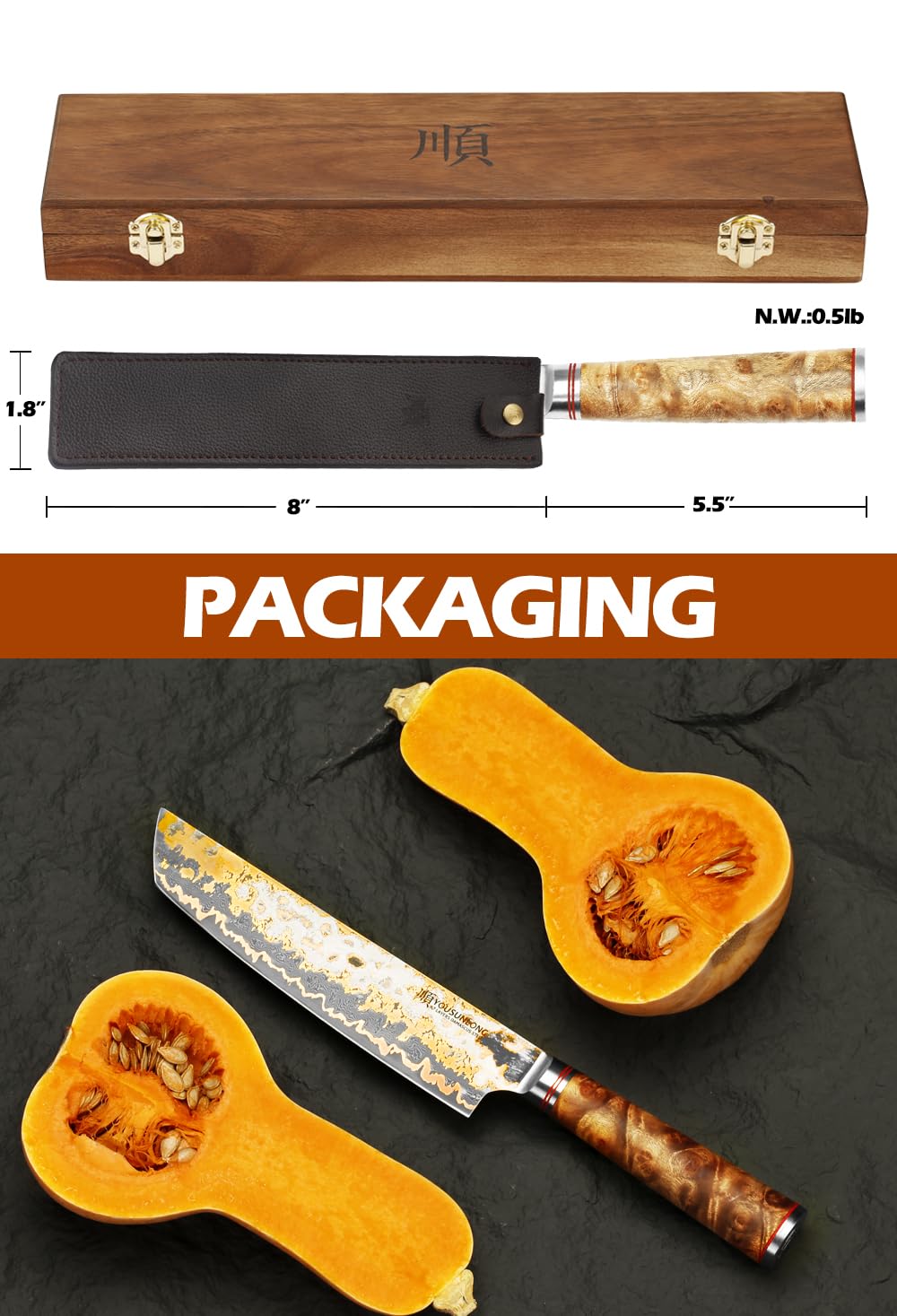 YOUSUNLONG Tanto Kitchen Knife - 8 Inch Japanese Handmade Chef Knife - Razor Sharp Copper Damascus Steel Blade - Cleaver Carving Knife - Naturel Burl Wooden Handle with Leather