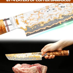 YOUSUNLONG Tanto Kitchen Knife - 8 Inch Japanese Handmade Chef Knife - Razor Sharp Copper Damascus Steel Blade - Cleaver Carving Knife - Naturel Burl Wooden Handle with Leather