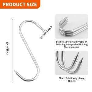 KEJJNYER 10 Pcs Meat Hanging Hooks 8 inch, Stainless Steel Meat Hooks10mm Diameter, Heavy Duty S Meat Hanging Hooks for Butchering, Smoking, Drying, Cooking, Grilling, BBQ