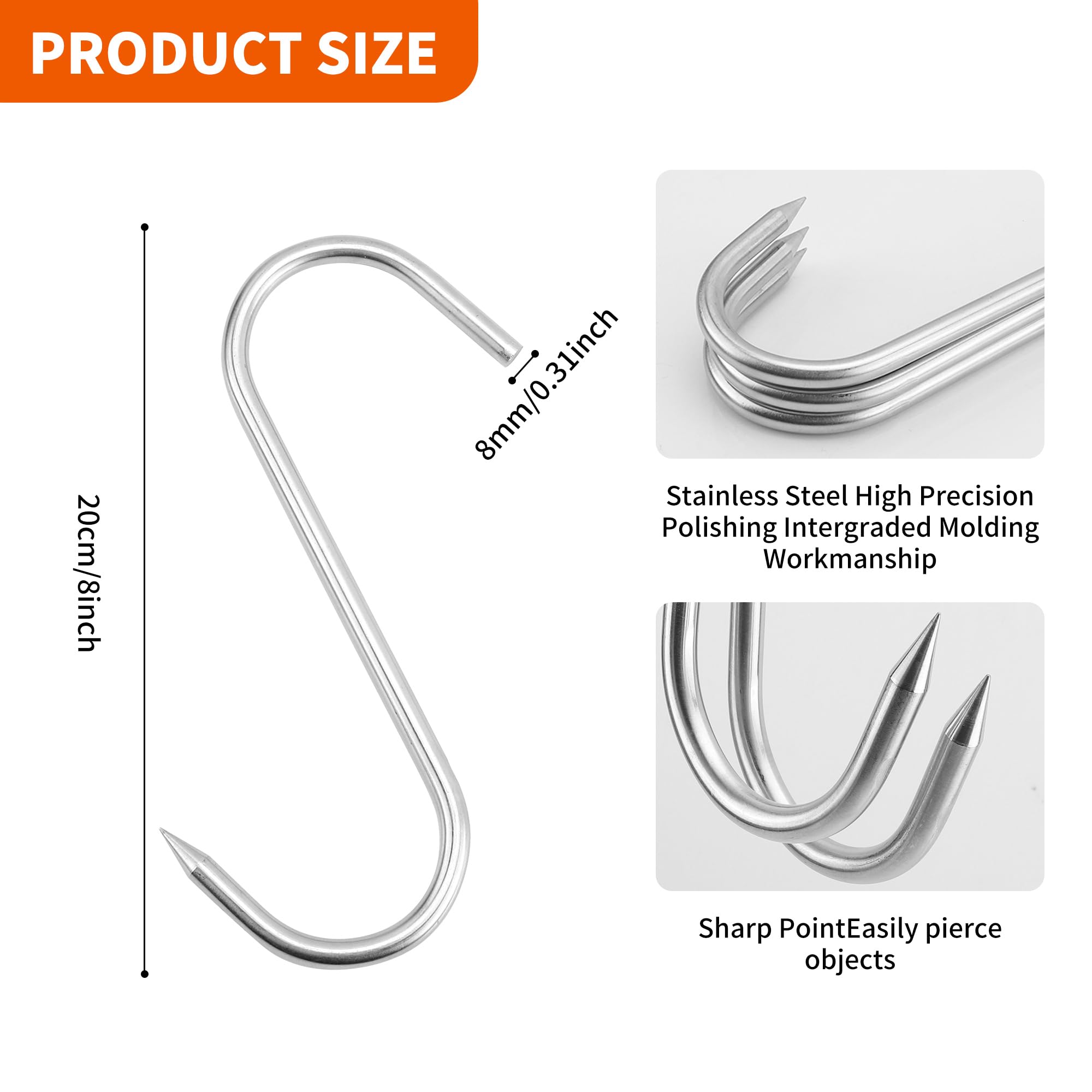 KEJJNYER 10 Pcs Meat Hanging Hooks 8 inch, Stainless Steel Meat Hooks10mm Diameter, Heavy Duty S Meat Hanging Hooks for Butchering, Smoking, Drying, Cooking, Grilling, BBQ