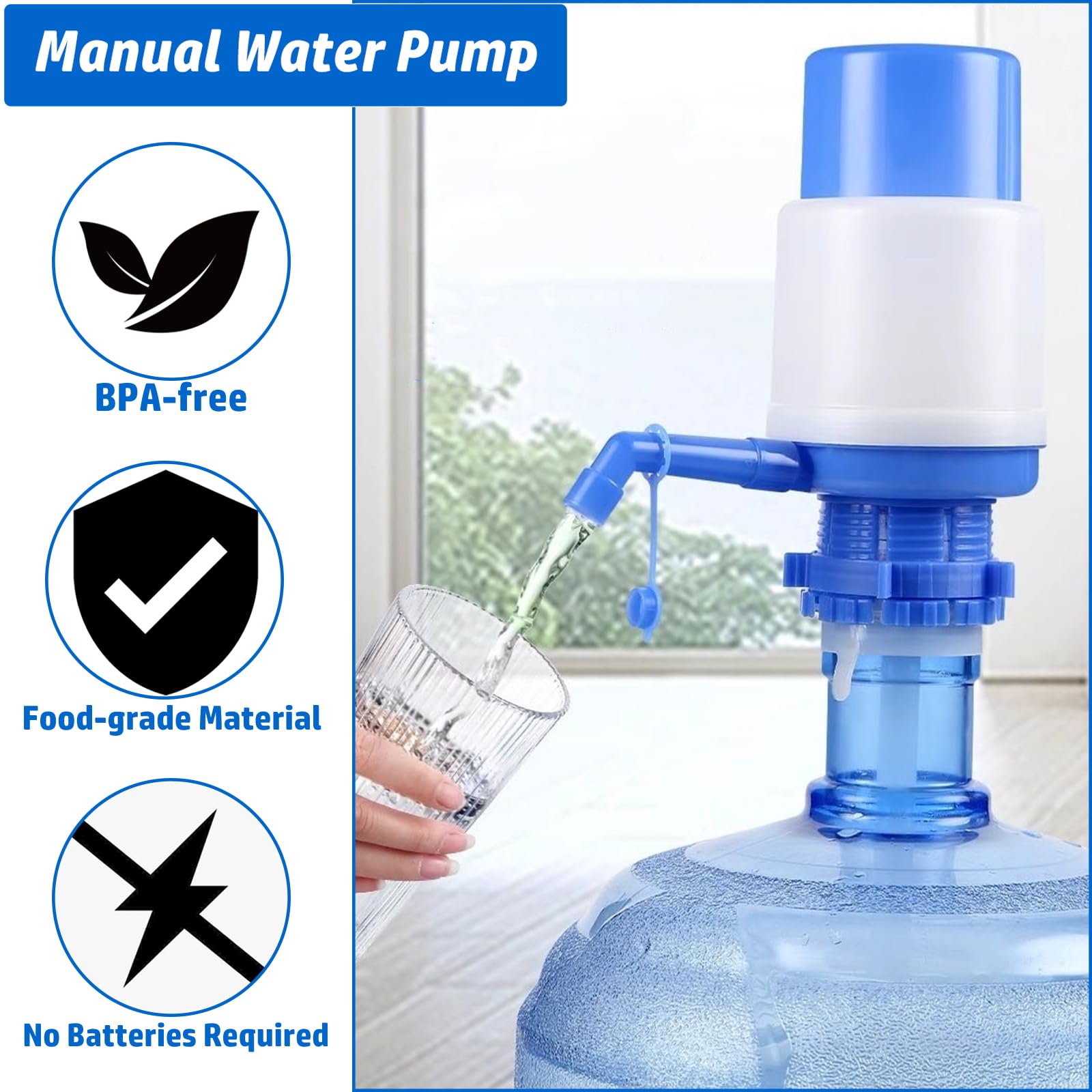 Blue Portable Manual Water Pump for 5 Gallon Bottle, Water Jug Dispenser Bottle Pump Drinking Water Pump with an Extra Short Tube and Cap, Hand Press Water Cooler Dispenser for 2-6 Gallon