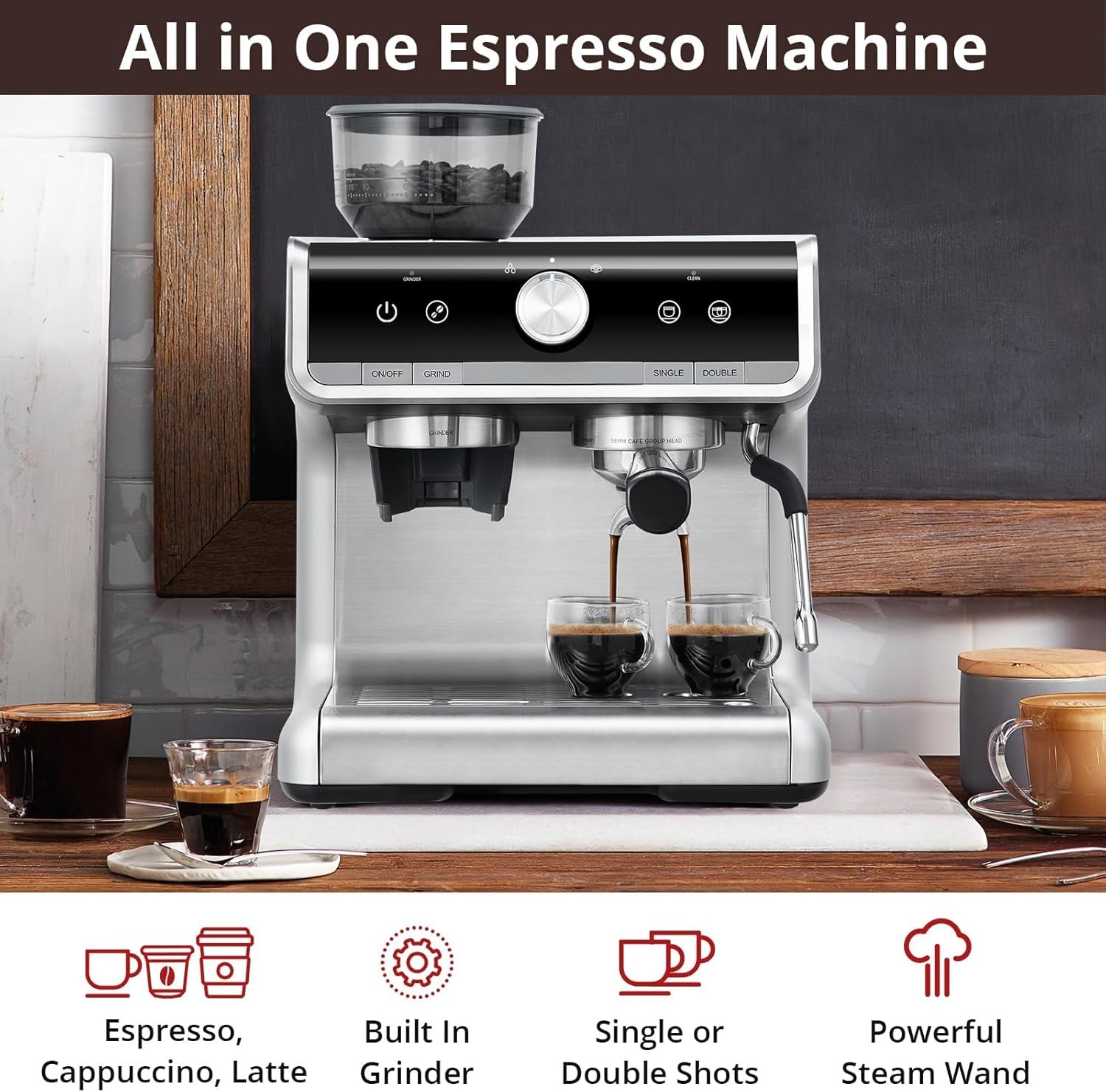 Aprafie Stainless Steel Espresso Machine, 20 Bar Pressure Professional Espresso Machines for Latte, Cappuccino, Macchiato, Home Espresso Maker with Milk Frother, 2.8 Liter Water Tank