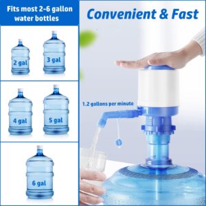 Blue Portable Manual Water Pump for 5 Gallon Bottle, Water Jug Dispenser Bottle Pump Drinking Water Pump with an Extra Short Tube and Cap, Hand Press Water Cooler Dispenser for 2-6 Gallon