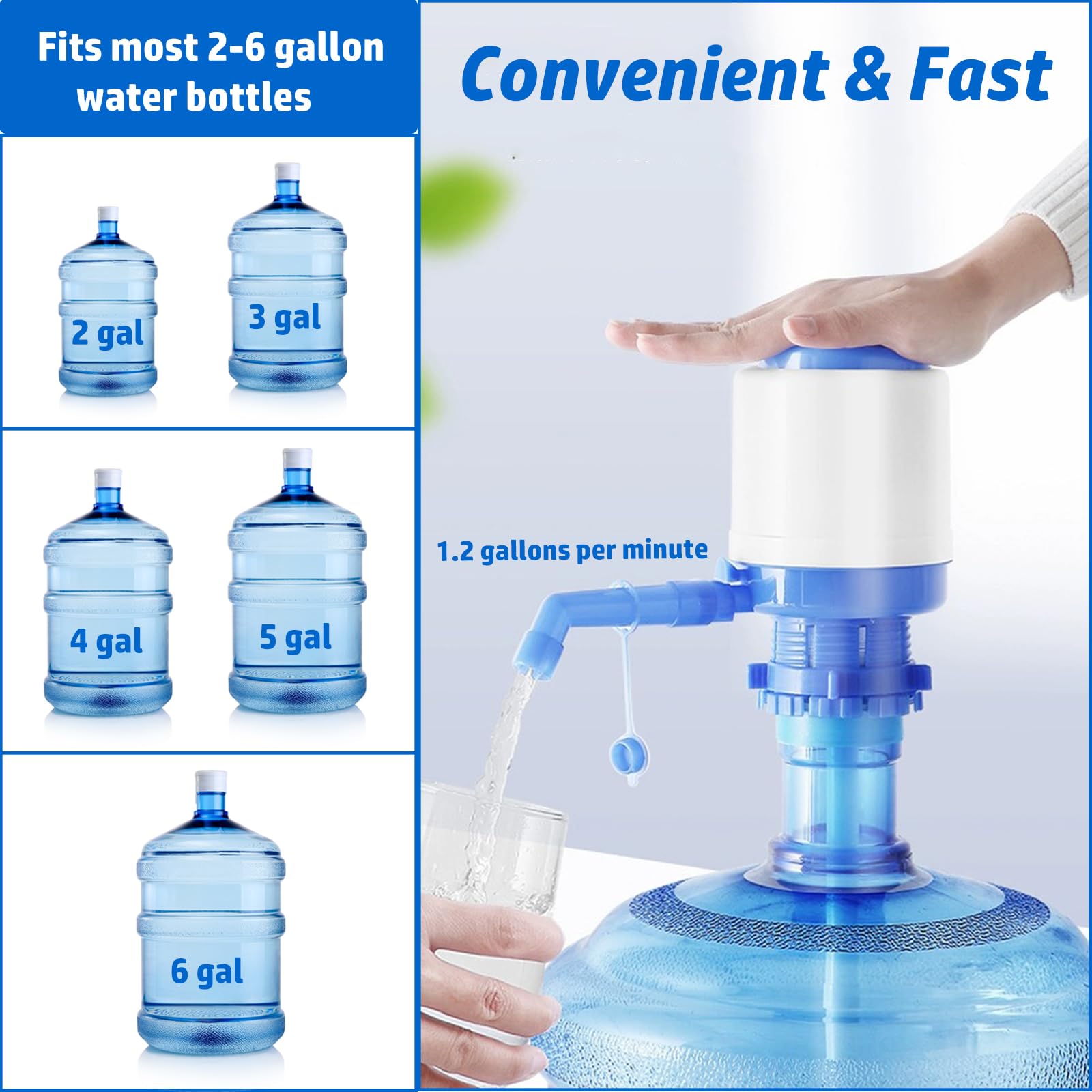 Blue Portable Manual Water Pump for 5 Gallon Bottle, Water Jug Dispenser Bottle Pump Drinking Water Pump with an Extra Short Tube and Cap, Hand Press Water Cooler Dispenser for 2-6 Gallon