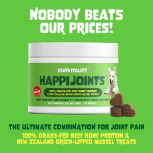 KiwiVitality HappiJoints Hip and Joint Supplement Treats for Dogs, Cats • 100% Grass-Fed Beef Bone Collagen New Zealand Green-Lipped Mussels • 100 Treats