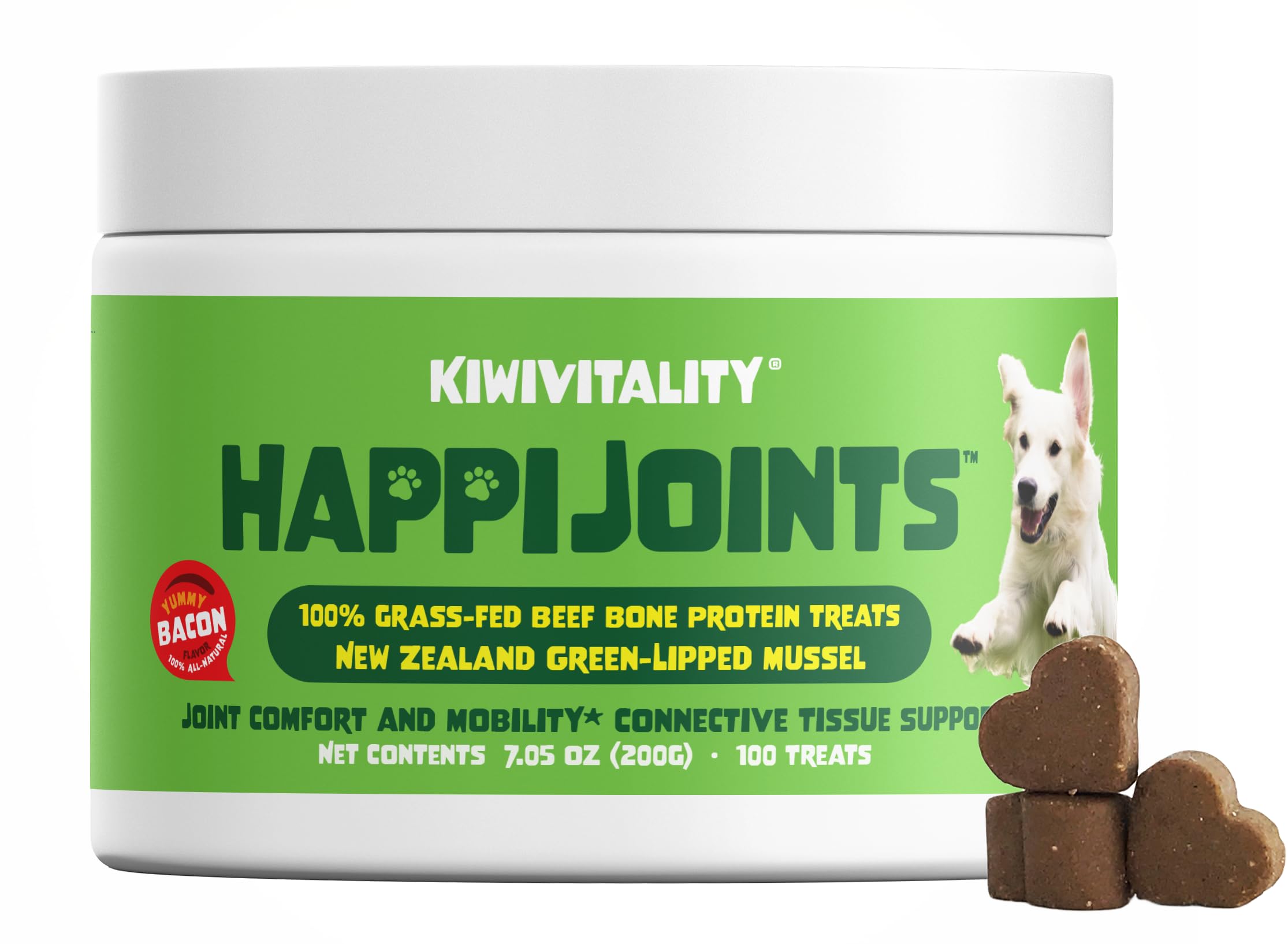 KiwiVitality HappiJoints Hip and Joint Supplement Treats for Dogs, Cats • 100% Grass-Fed Beef Bone Collagen New Zealand Green-Lipped Mussels • 100 Treats