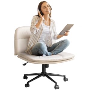 flexispot cross legged office chair armless desk chair comfy wide seat criss cross chair with wheels vanity chair for living room bedroom study room(white light beige)