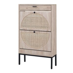 xiao wei shoe cabinet, natural semi circle rattan shoe storage organizer cabinet with 2 flip drawers, freestanding shoe rack with adjustable shelf for entryway